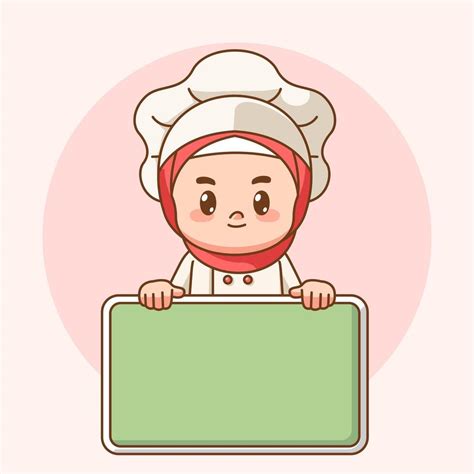 Cute Hijab Girl Chef Cook Hold Blank Space Board Banner Chibi Kawaii Character Mascot Restaurant