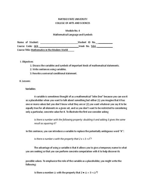 Ge4 Mathematical Languages And Symbols Variables Pdf Numbers