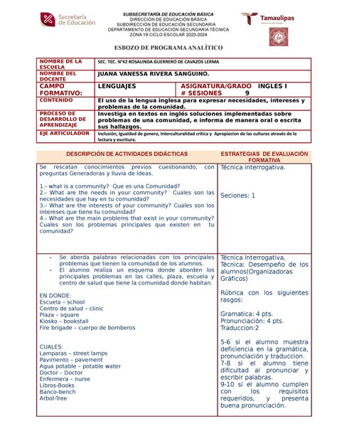 Programa Analítico Primer Grado SubsecretarÍa De EducaciÓn BÁsica DirecciÓn De EducaciÓn