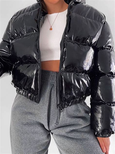 Emilia Pvc Leather Cropped Puffer Jacket In Black Uk