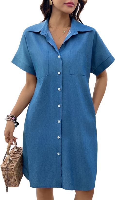 Somer Womens Tshirt Denim Jean Dress Summer Mini Button Down Short