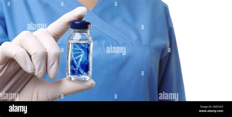 Genetics Research Scientist Holding Vial With Liquid And Illustration