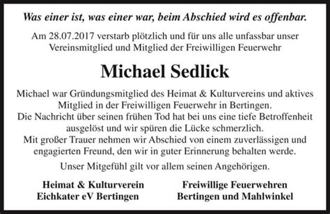 Traueranzeigen Von Michael Sedlick Abschied Nehmende