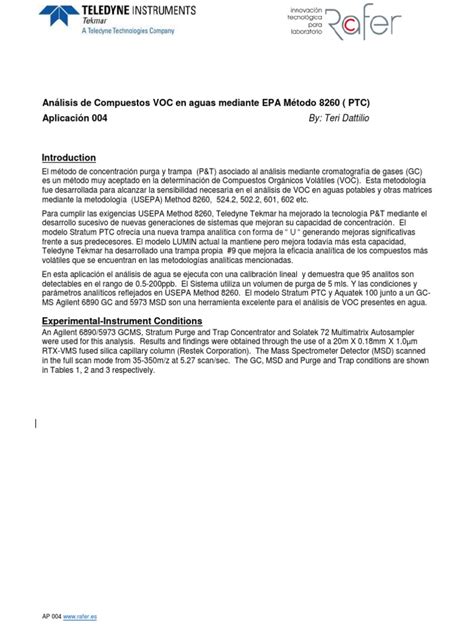 Ap 004 Analisis Voc En Agua Mediante Epa Method 8260 Ptc Pdf Operaciones Unitarias