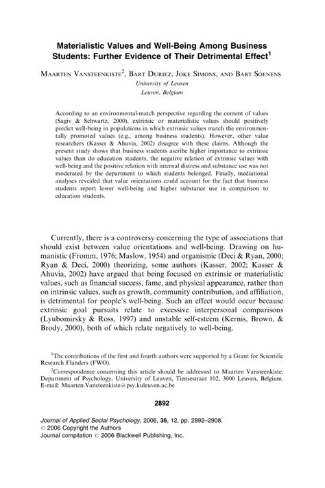 Pdf Materialistic Values And Well‐being Among Business Students