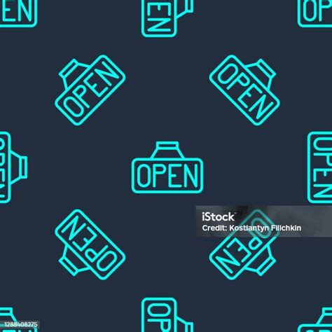 파란색 배경에 텍스트 오픈 도어 아이콘이 있는 녹색 선 매달려 기호가 분리되어 있는 매끄러운 패턴입니다 벡터 개념에 대한 스톡 벡터 아트 및 기타 이미지 Istock