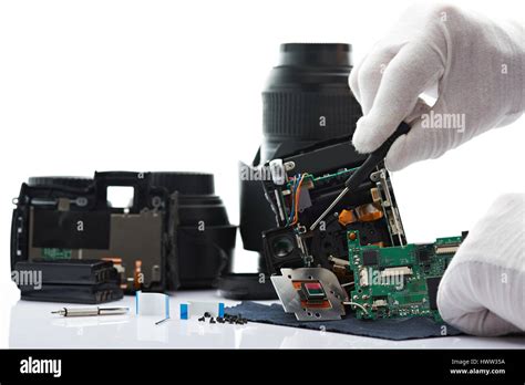Disassemble Modern Photo Digital Camera Isolated On White Background Man Fixing Photo Camera