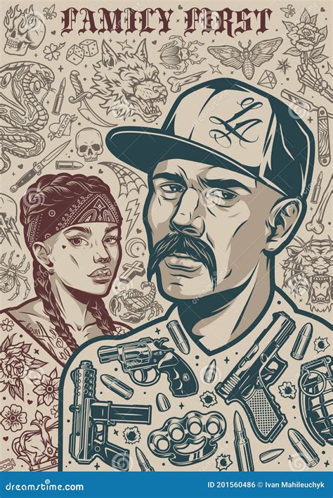 Vintage Chicano Tattoos Poster Stock Vector Illustration Of Crown People 201560486