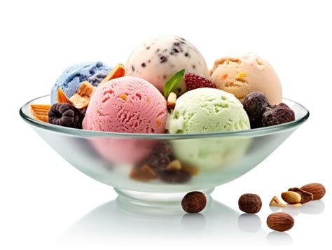 Premium Ai Image Dish With Colored Scoops Of Ice Cream With Nuts And Chocolate Chips Isolated