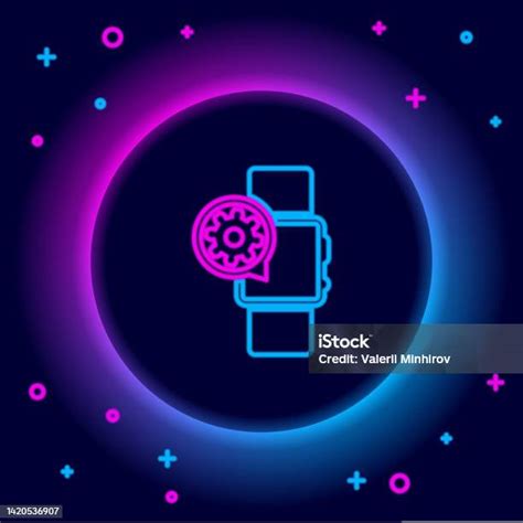 검은 색 배경에 고립 된 빛나는 네온 라인 스마트 워치와 기어 아이콘 앱 서비스 개념 설정 옵션 유지 보수 수리 수정 을 조정합니다 다채로운 개요 개념 벡터 기어 기계