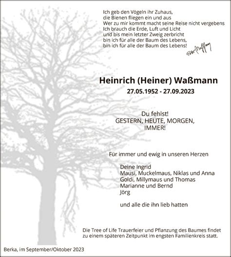 Traueranzeigen Von Heinrich Waßmann Trauer Hna De