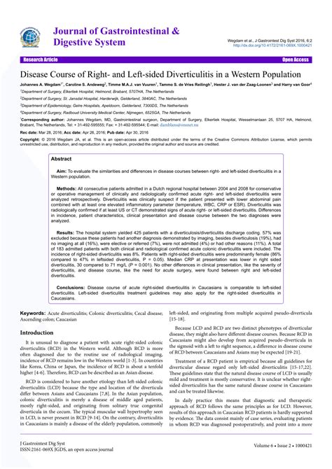 Pdf Disease Course Of Right And Left Sided Diverticulitis In A Western Population
