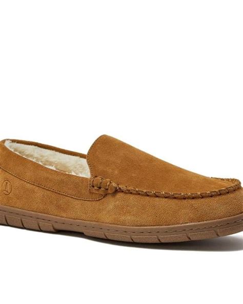 Lands End Wide Width Fuzzy Lined Suede Moccasin Slippers In Brown For