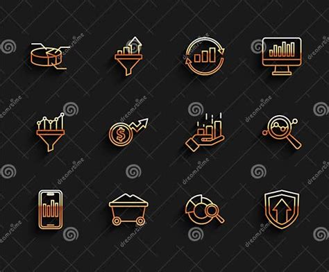 Set Line Mobile With Graph Coal Mine Trolley Pie Chart Infographic
