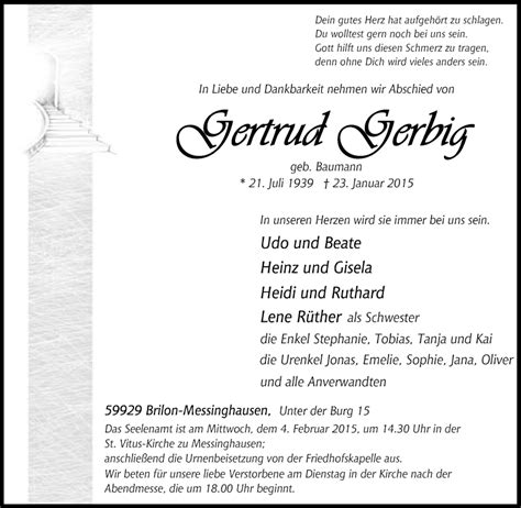 Traueranzeigen Von Gertrud Gerbig Trauer In Nrwde