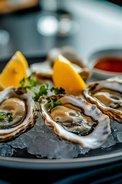 Oysters On A Restaurant Platter Showcasing The Fresh Seafood On A Bed