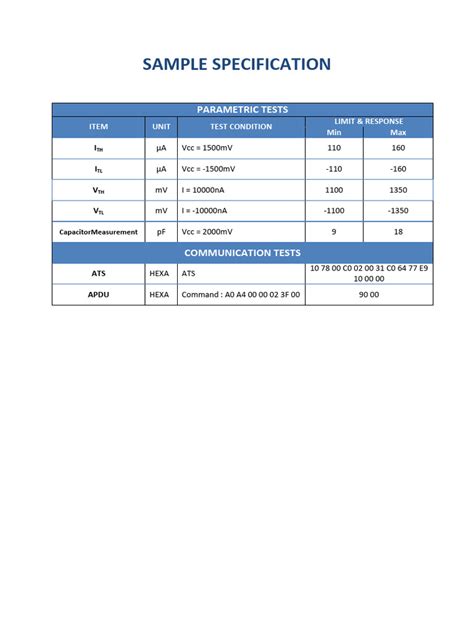 Contactless Sample Parametric Test Specification Pdf