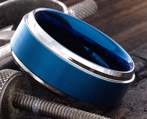 Mens Tungsten Ring Blue Tungsten Ring Promise Ring Comfort Fit