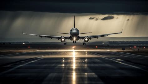 Premium AI Image Business Travel Taking Off Commercial Airplane Approaching Illuminated