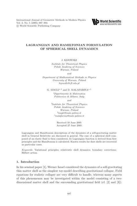 Pdf Lagrangian And Hamiltonian Formulation Of Spherical Shell Dynamics