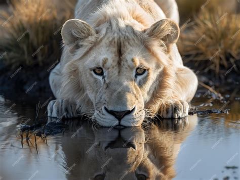 Premium Photo Majestic White Lion Quenching Thirst At Waterhole In Natural Habitat