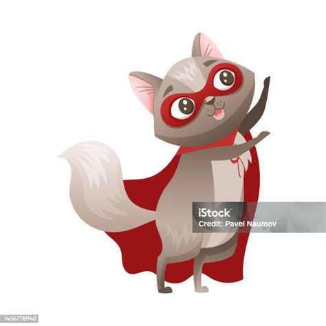 회색 고양이 슈퍼 히어로 캐릭터는 빨간 망토와 마스크 등반 벡터 일러스트 레이 션을 입고 망토에 대한 스톡 벡터 아트 및 기타 이미지 망토 애완고양이 고양이 새끼