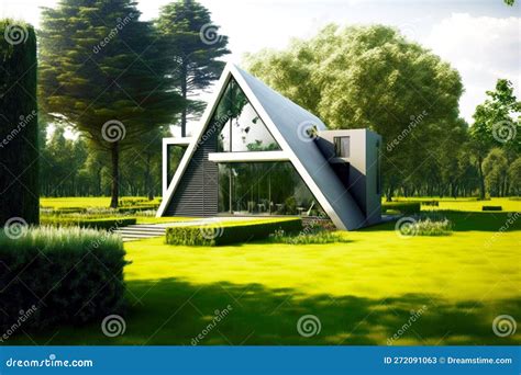Beaful Modern House With Triangular Roof Green Lawn And Comfortable