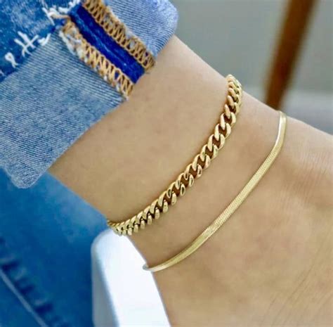 3 Anklet Set Anklet Herringbone Flat Curb Chain Bracelets Chain