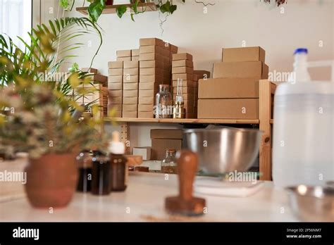 Organic Soap Boxes Stacked On Rack In Workshop Stock Photo Alamy