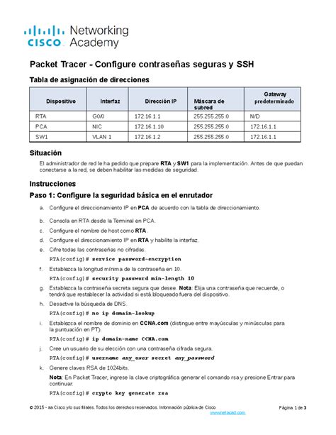 16 4 6 Packet Tracer Configure Secure Passwords And Ssh Es Xl 2015 Aa Cisco Y O Sus