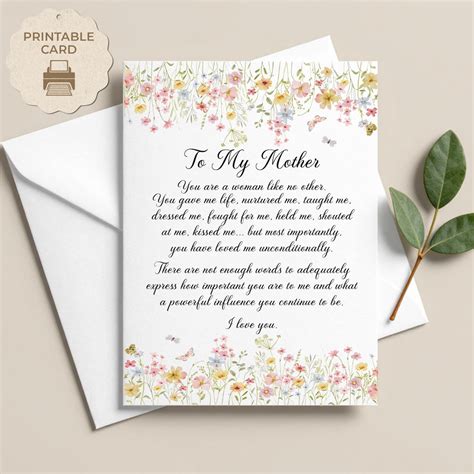 To My Mother Card Printable Mom Poem Cards Mothers Day Card