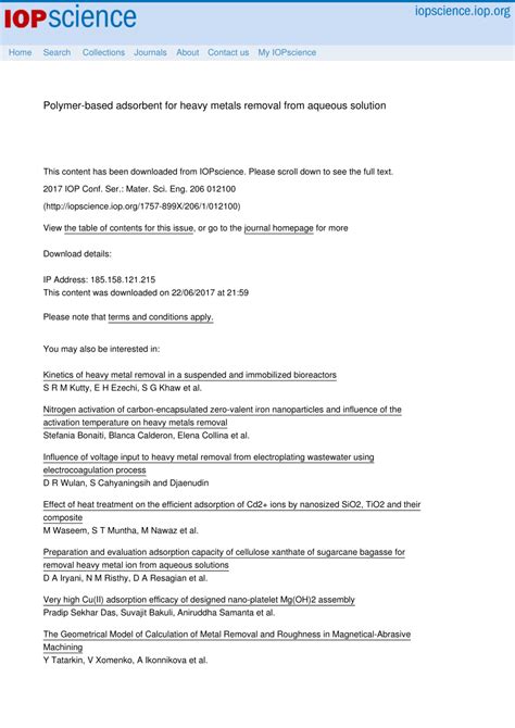 Pdf Polymer Based Adsorbent For Heavy Metals Removal From Aqueous