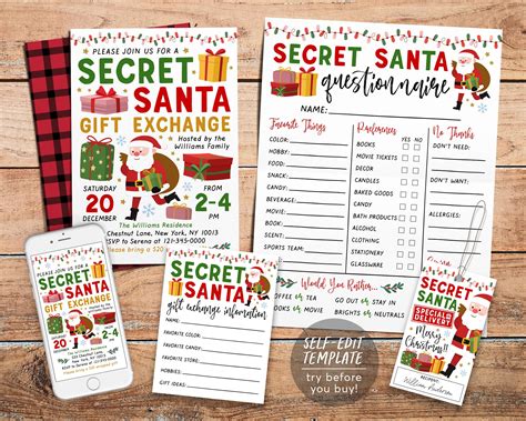 Secret Santa Bundle Kit Printable Editable Template Secret Santa Invi
