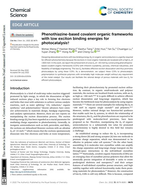 Pdf Phenothiazine Based Covalent Organic Frameworks With Low Exciton Binding Energies For