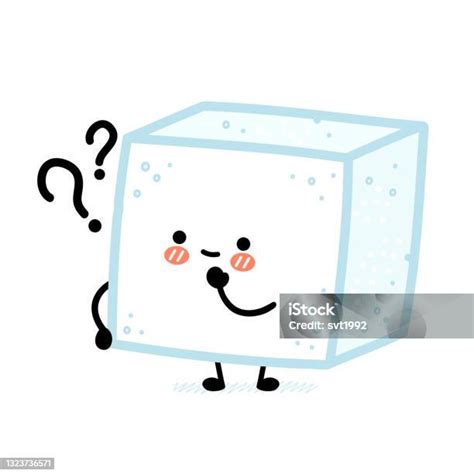 물음표와 귀여운 재미 행복 한 설탕 조각 큐브 캐릭터 벡터 플랫 라인 만화 가와이 캐릭터 일러스트 아이콘 흰색 배경에 격리 슈가