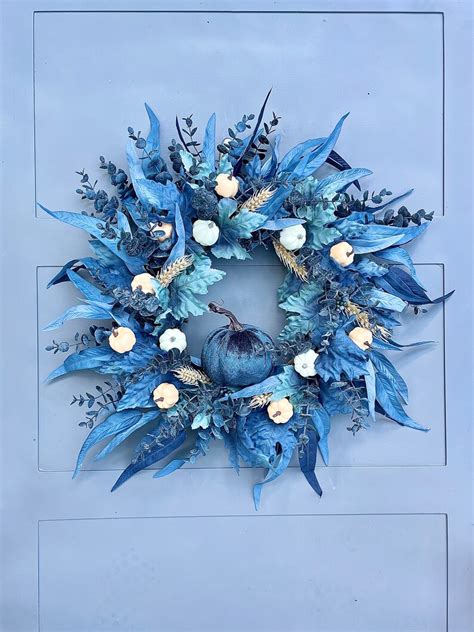 Midnight Blue Pumpkin Eucalyptus Fall Autumn Front Door Mantle Wreath