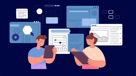 태블릿을 가진 괴짜 아이들 어린이 프로그래밍 현대 소년과 소녀 코딩 젊은 학생들을 위한 웹 또는 앱 개발 유치한 교육 벡터 장면