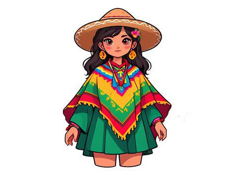 Sticker Of Cartoon Mexican Girl In Colorful Traditional Poncho And
