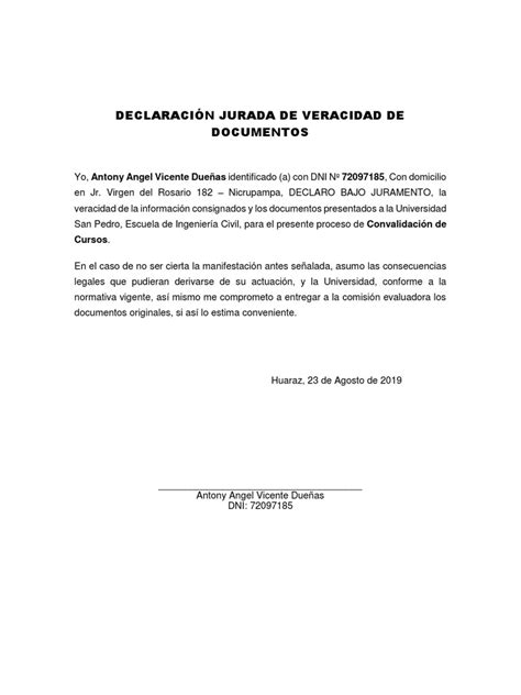 Declaración Jurada De Veracidad De Documentos Pdf