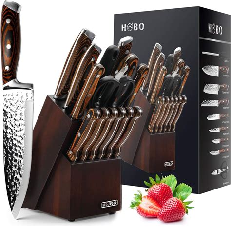 15 Piece Japanese Chef Knife Set With Sharpener Block Wooden Hobo