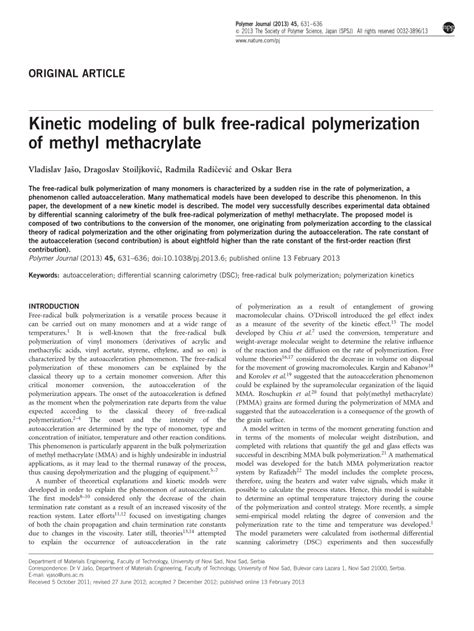 Pdf Kinetic Modeling Of Bulk Free Radical Polymerization Of Methyl Methacrylate