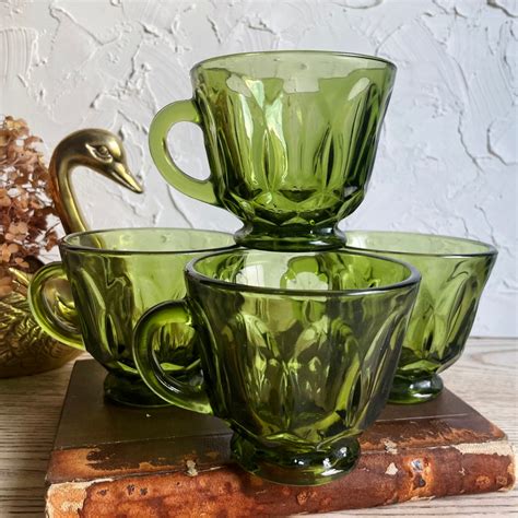 Vintage 1970s Avocado Green Glass Cups Set Of 4 Fairfield Teacups Etsy