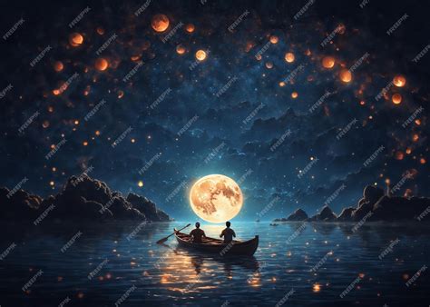 Premium Photo A Night View Of Two Men Rowing A Boat Amidst Many