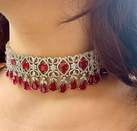 Red Faux Diamond High Quality Choker Set Indian Bridal Jewellerycz
