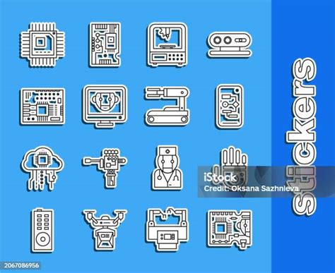 라인 설정 인쇄 회로 기판 Pcb 기계 로봇 손 알고리즘 3d 프린터 봇 미세 회로가 있는 프로세서 Cpu 및 로봇 아이콘 벡터 3차원 형태에 대한 스톡 벡터 아트 및 기타