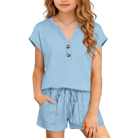 Brgzlk Girls 2 Piece Short Sets Summer 2026 Short Sleeve Henley Shirt