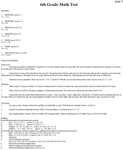 6th Grade Math Test Page 1 Assessment Pinterest Math Test And Math 6th Grade Math Websites