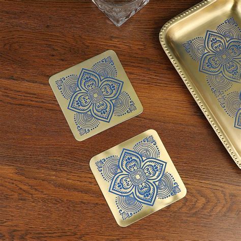 Buy Nakshikathaa Dohar Brass Square Coaster Set Of 2 Blue Online