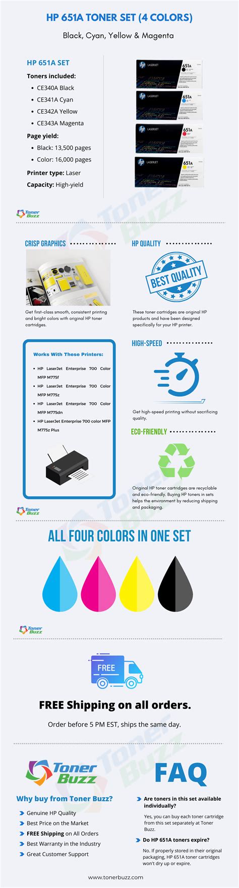 Hp 651a Set 4 Pack Original Toner Combo All Four Colors Included