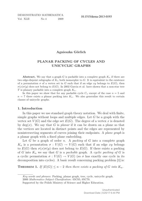 PDF Planar Packing Of Cycles And Unicyclic Graphs